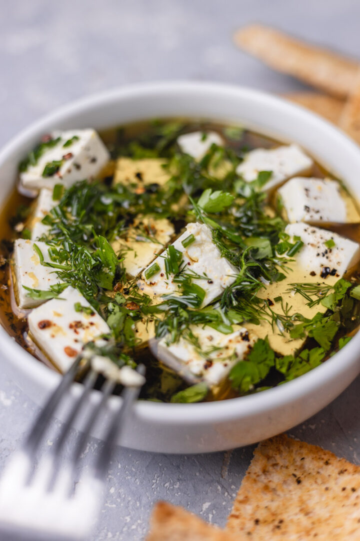 Marinated Feta Cheese with Garlic Infused Oil - cravingsmallbites.com