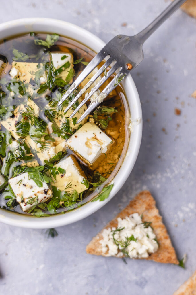 Marinated Feta Cheese with Garlic Infused Oil - cravingsmallbites.com